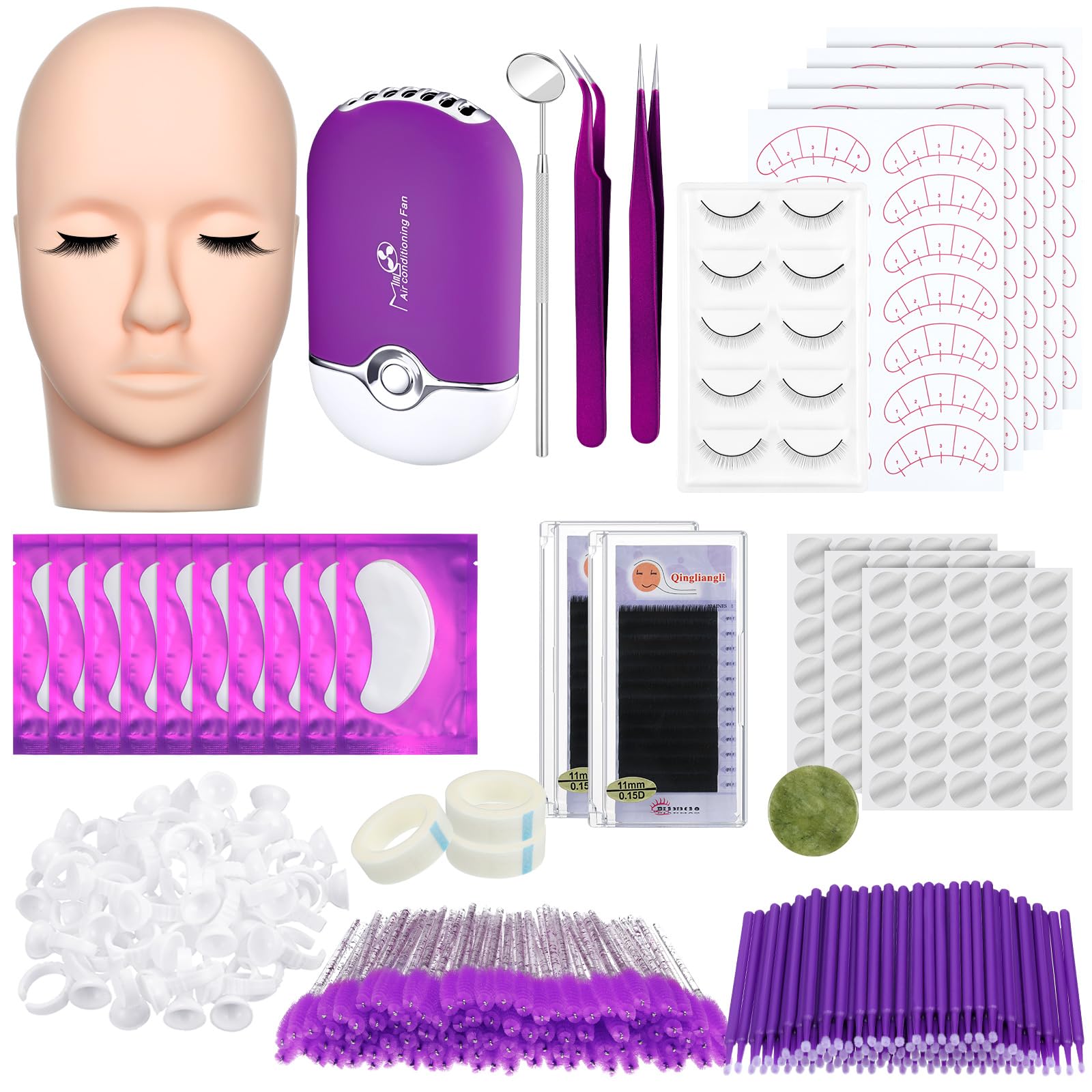 261 Pcs Eyelash Practice Kit Lash Kit for Eyelash Extension USB Air Conditioning Blower False Eyelash Mannequin Head Eye Lash Extension Kit Permanet for Beginner Makeup Training (Purple)