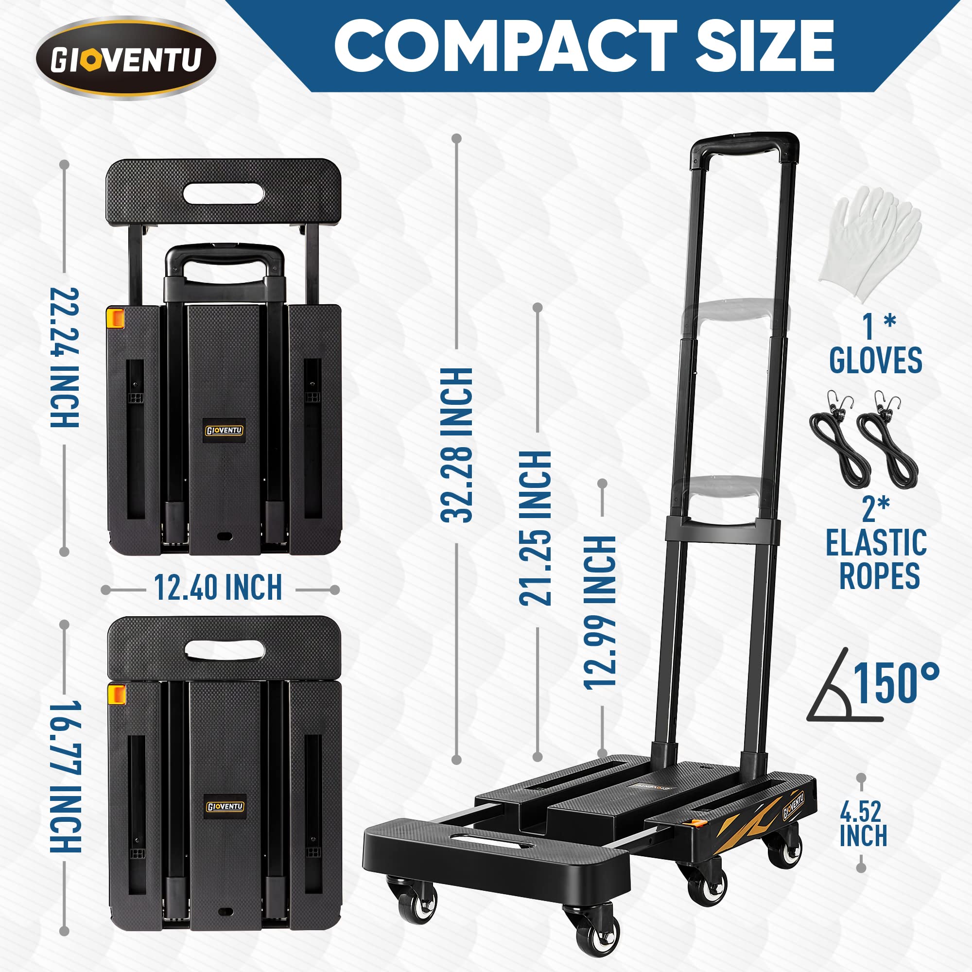 ππππ ππ©π π«ππππ Folding Hand Truck Dolly Cart (440LB), Heavy Duty Luggage Cart with TPR Wheels and Easy Setup Design, Portable Platform Truck Collapsible Dolly for Moving, Travel, Office Use