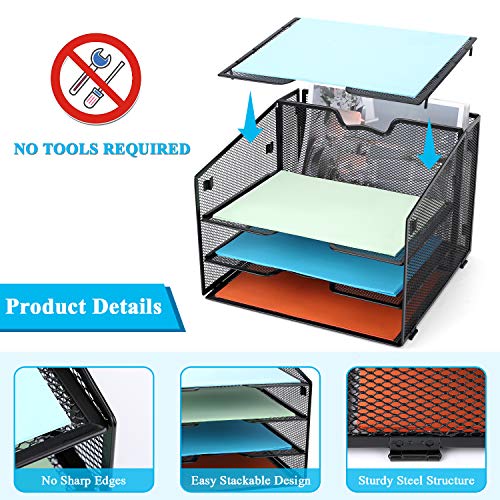 Mesh Office Supplies Desk Organizer,Meshist Metal Desktop Document Holder Organizer with 4 Letter Paper Tray and 1 Vertical Section,Black