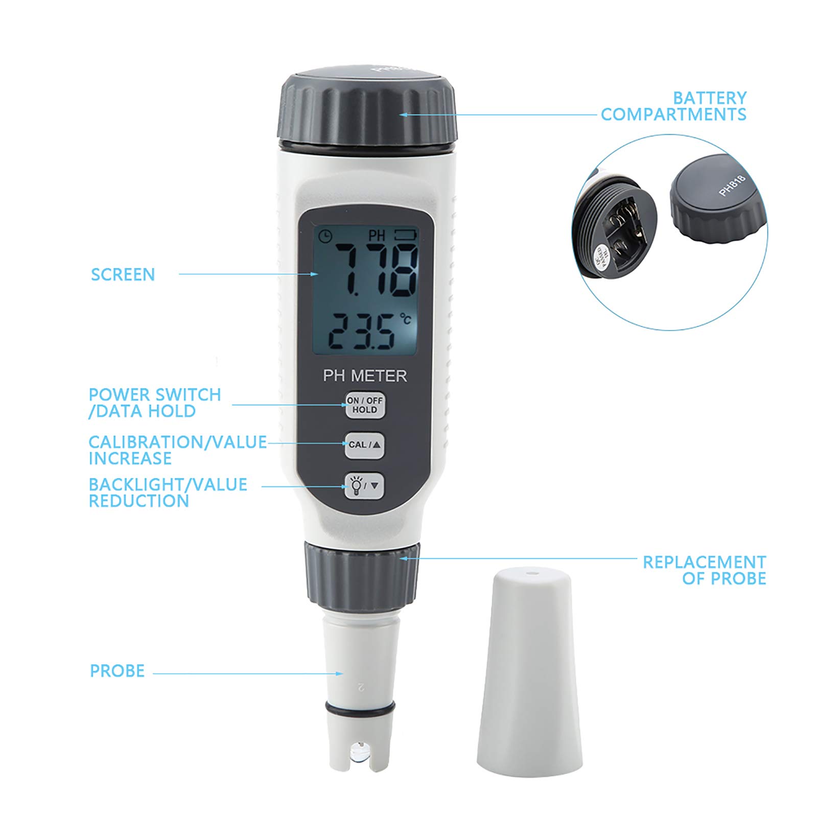 Meter, Tester Portable Water Quality Test Pen Acidimeter PH818 with Large LCD Display for Industrial Electrical and