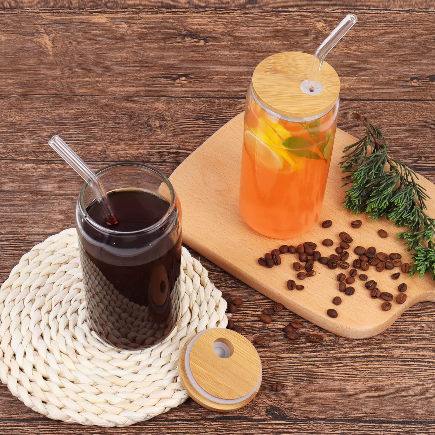 2Pack 16OZ Glass Cups with Lids and Straws ,Smoothie Cup Glass Tumbler with Straw and Lid,Iced Coffee Cup with Lids and Glass Straws ,for Coffee Bar Accessories,Juice, Boba, Smoothie, Tea, Kombucha