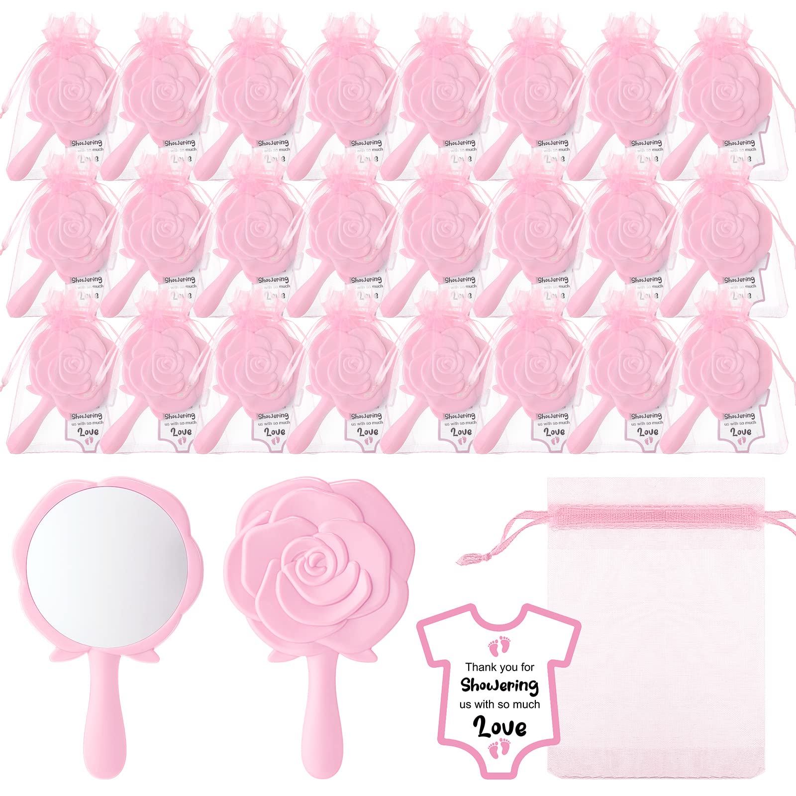 24 Sets Baby Shower Party Favors 24 Pcs Pink Rose Design Handheld Mirrors Thank You Gift Cards and Organza Bags for Guest Gifts Girls Baby Shower Gender Reveal Party Supplies