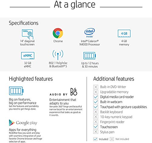 HP Chromebook X360 2-in-1 14.0” HD (1366 x 768) Touch-Screen Portable Laptop, Intel Celeron Processor N4000, Webcam, USB-C, Chrome OS, 4GB Memory, 32GB eMMC Flash Memory (W/Woov Micro SD 128GB)