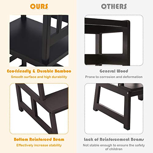 SUNYAO Kids Kitchen Step Stool with Safety Rail - Bamboo Step Stool for Toddlers Age 18 Months and Older, Black Color