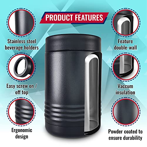 Gadsden Flag Don't Tread On Me - DTOM Double Walled Stainless Steel Insulated Can Cooler β Holds 12 or 16 oz Cans or 12 oz Bottles - Two-Sided Engraving - Includes USA Flag Sticker (Gadsden Flag)