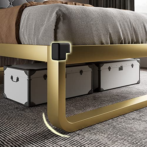 Feonase Twin Metal Bed Frame, Heavy Duty Platform Bed Frame with Steel Slats, Velvet Upholstered Headboard, 12" Storage Space, No Box Spring Required, Noise Free, Easy Assembly, Golden and Gray
