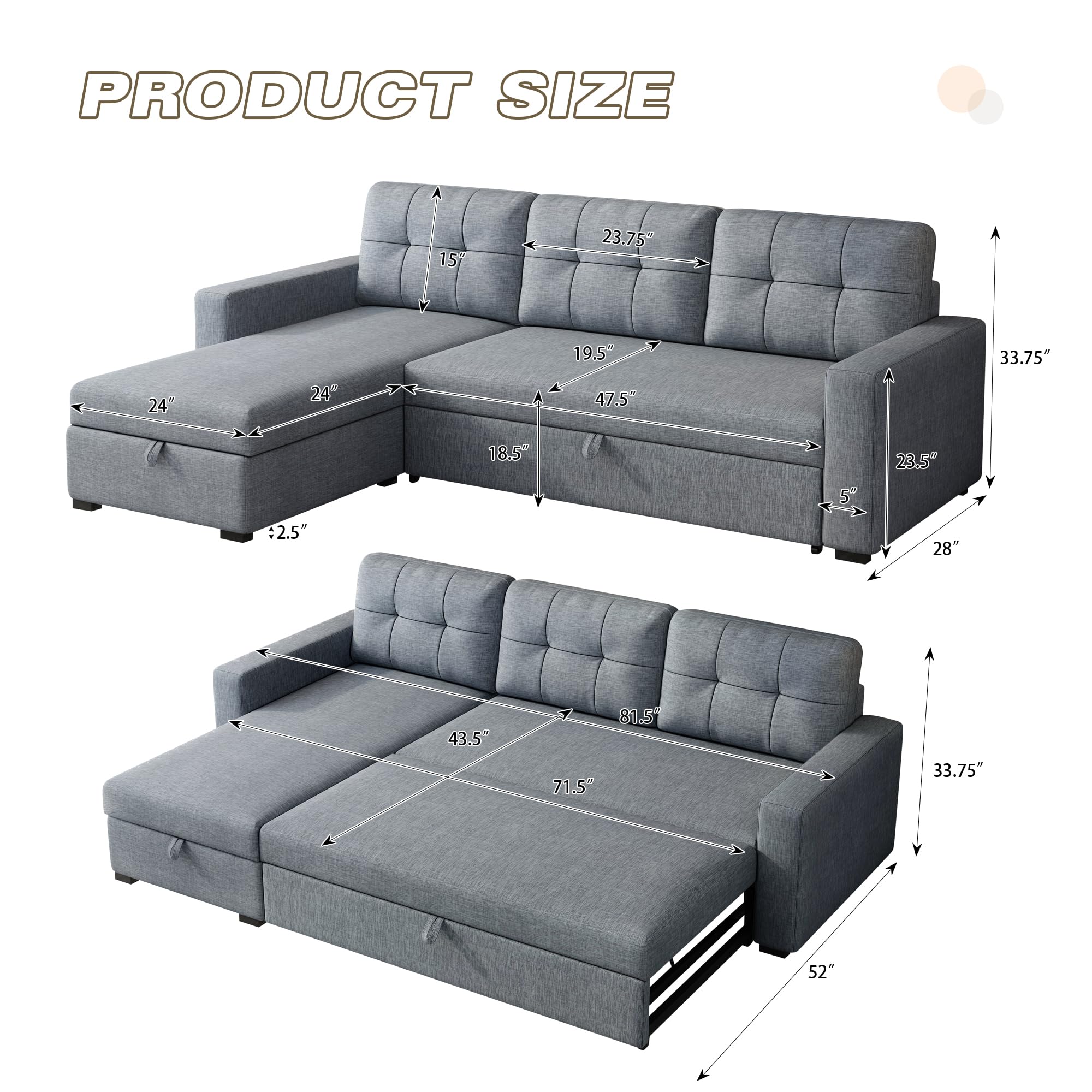 ACQCA 81.5" Sectional Sleeper Sofa with Storage Chaise, L Shaped Pull Out Couch Bed with 3 Removable Back Cushion for Living Room, Apartment,Office,Light Grey
