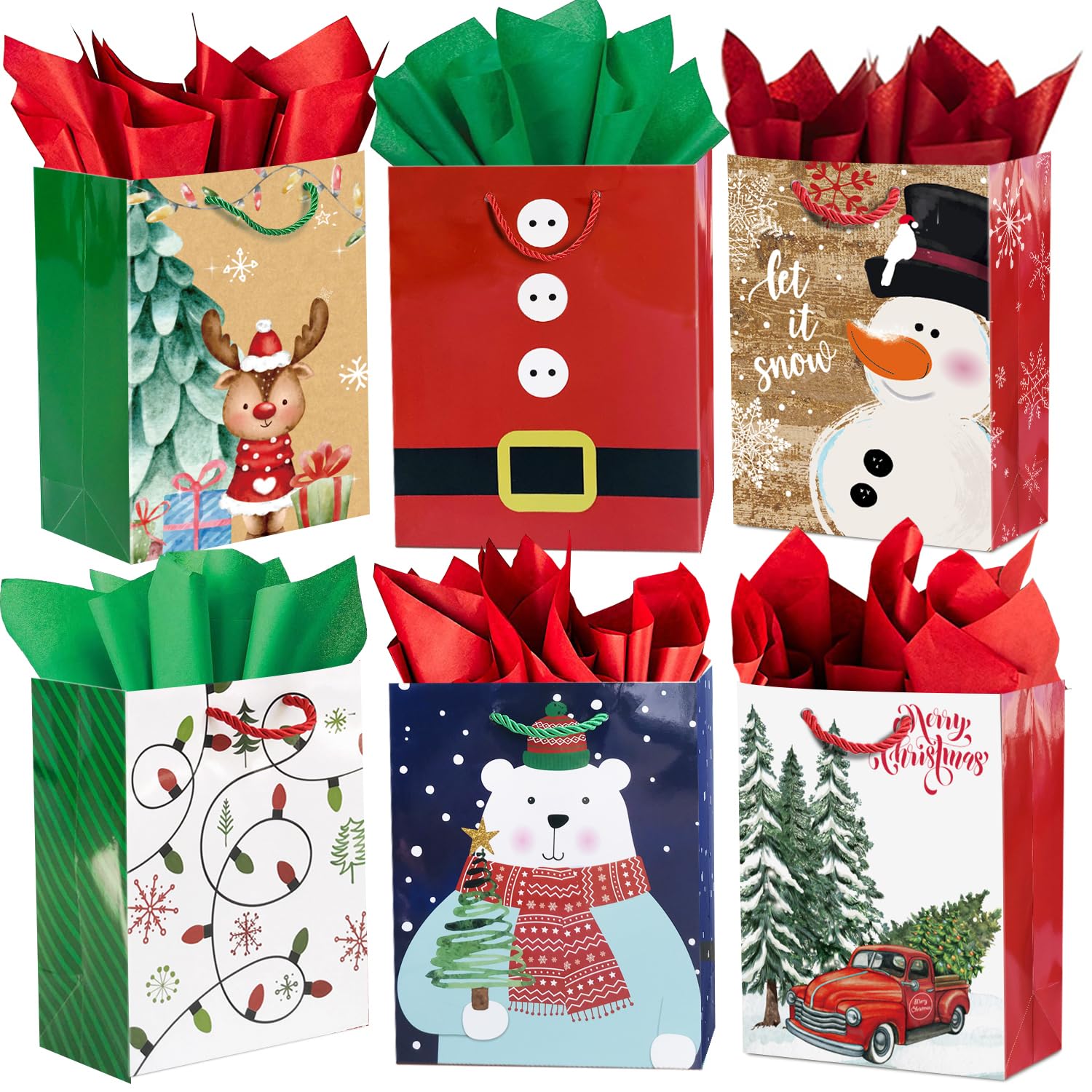 24 Small Christmas Gift Bags Bulk With Handles, 26 Tissue Paper and 60 Count Christmas Gift Tags Set-24 Assorted Designs Little Size Sacks Set For Wrapping Xmas Holiday Presents