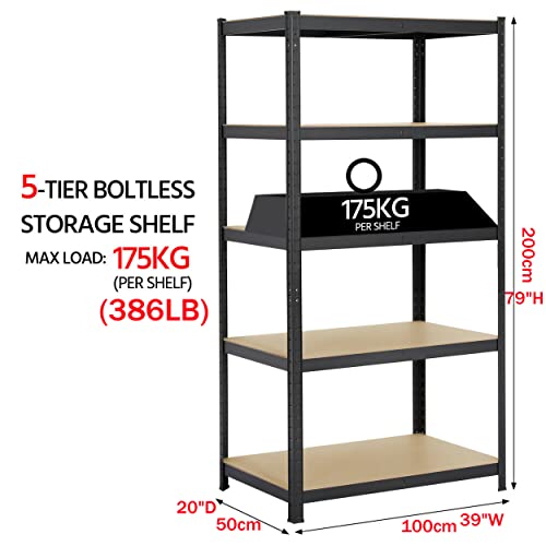 Garage Shelving Unit 5 Tier Adjustable Boltless Metal Racking Extra Heavy Duty Industrial Garage Storage Shelves, for Home Workshop Shed Office Warehouse, 79" H x 39" W x 20" D, Black