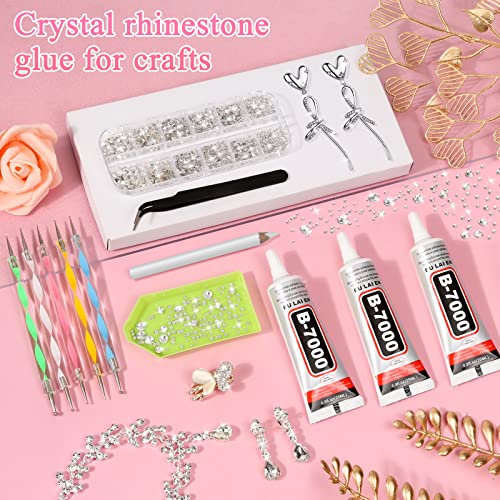 B7000 Rhinestone for Glue, 3 PCS 25ml Craft Adhesive Glue for Crafts with 3000pcs Flatback Rhinestones Gems with Picker Tool Wax Pencil Fabric Glue for Nail Art Bead Jewelry Making Clothes Shoe Bags