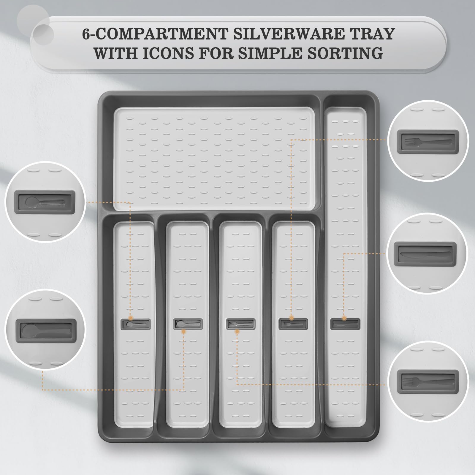 24-Piece Silverware Set with Organizer,Heavy Duty Stainless Steel Flatware Cutlery Tableware Set for 4,Includes 6-Compartment Silverware Tray with Cutlery Icons,Silverware Set with Steak Knives