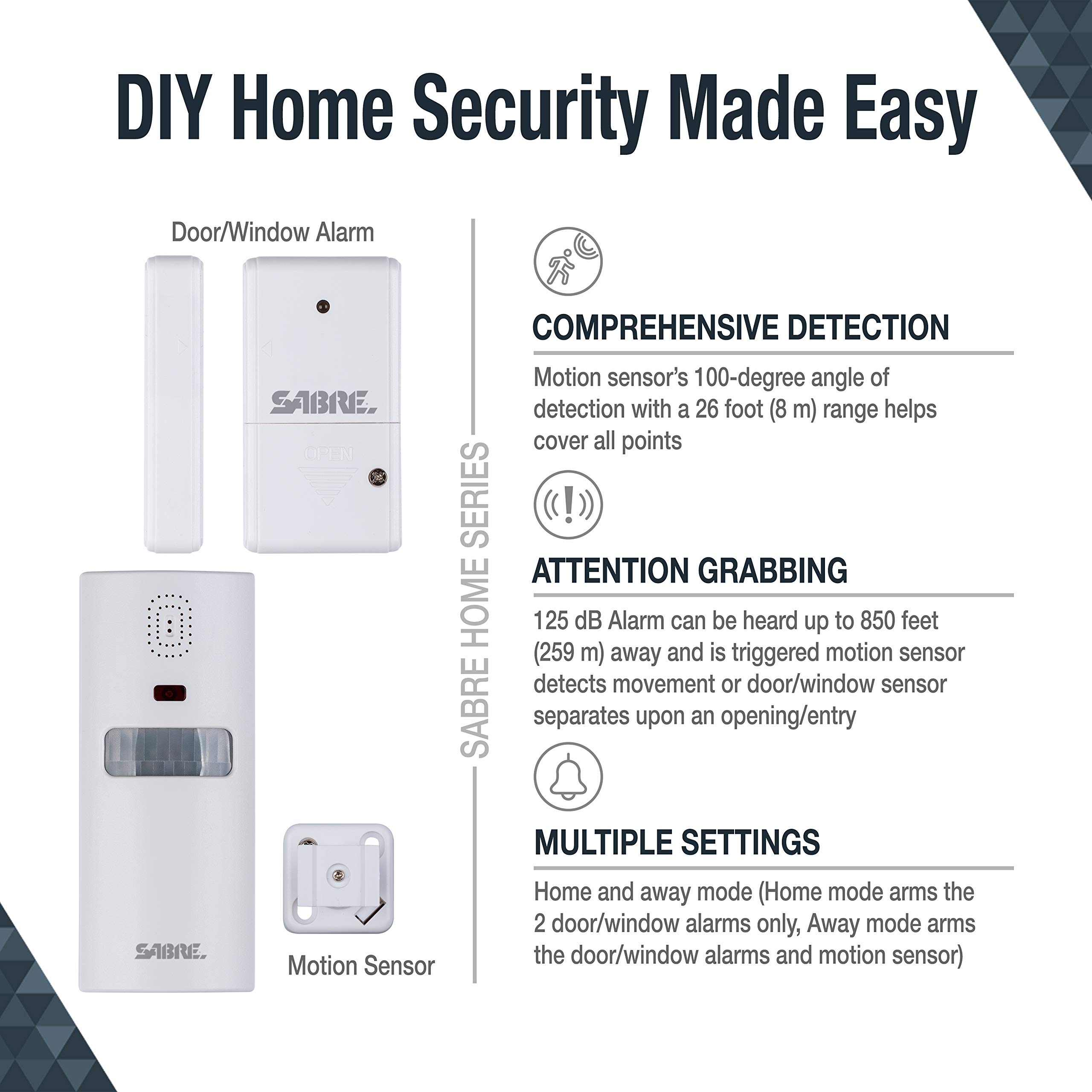 SABRE Home Security System with Remote, 125dB Alarm, Audible Up to 850 Feet (259 Meters), Wireless, Comes with 1 Motion Sensor Alarm, 2 Door or Window Alarms and 1 Remote Key Fob, Home and Away Modes