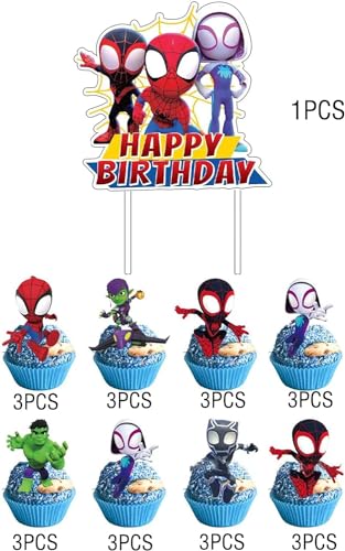 25PCS Spidey and His Amazing Friend Cup Cake Topper for Kids Birthday Superhero Themed Cake Decorations