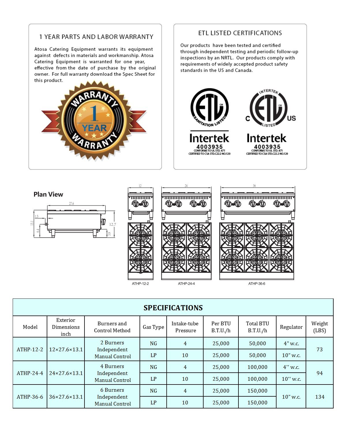 CookRite Four Burner Hot Plate Commercial Countertop Natural Gas Range ATHP-24-4 HD 24"-100000 BTU