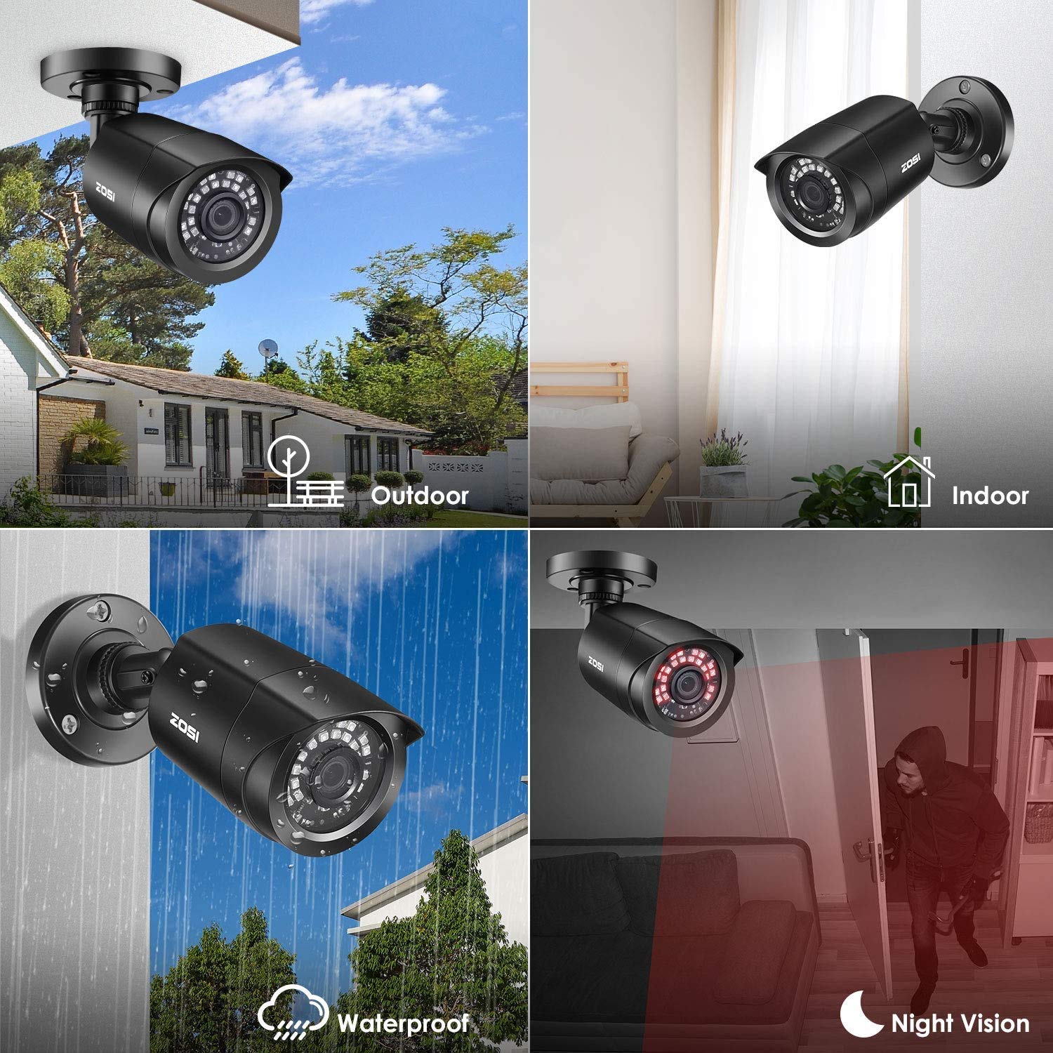 ZOSI 4 Pack 1080P 2.0MP Outdoor Indoor 3.6mm 24PCS Infrared IR Lens Day Night CCTV IR Cut Surveillance Security Camera Compatible for TVI DVR (Renewed)