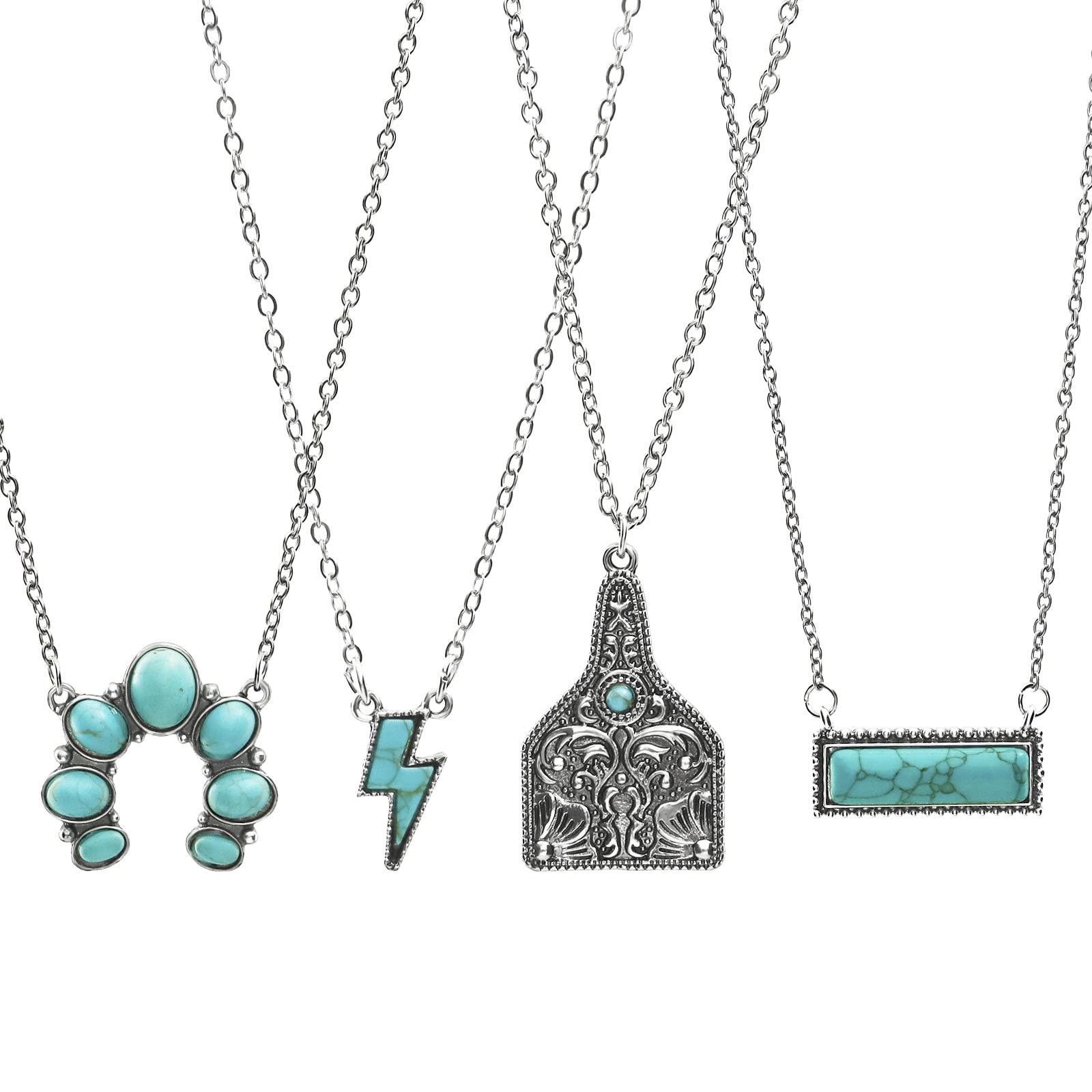 4 Pcs Western Jewelry Set for Women Bohemian Delicate Turquoise Necklace Set Women's Elegant Stainless Steel Vintage Turquoise Jewelry Set Square Boho Pendant Long Choker for Party Womens Accessories