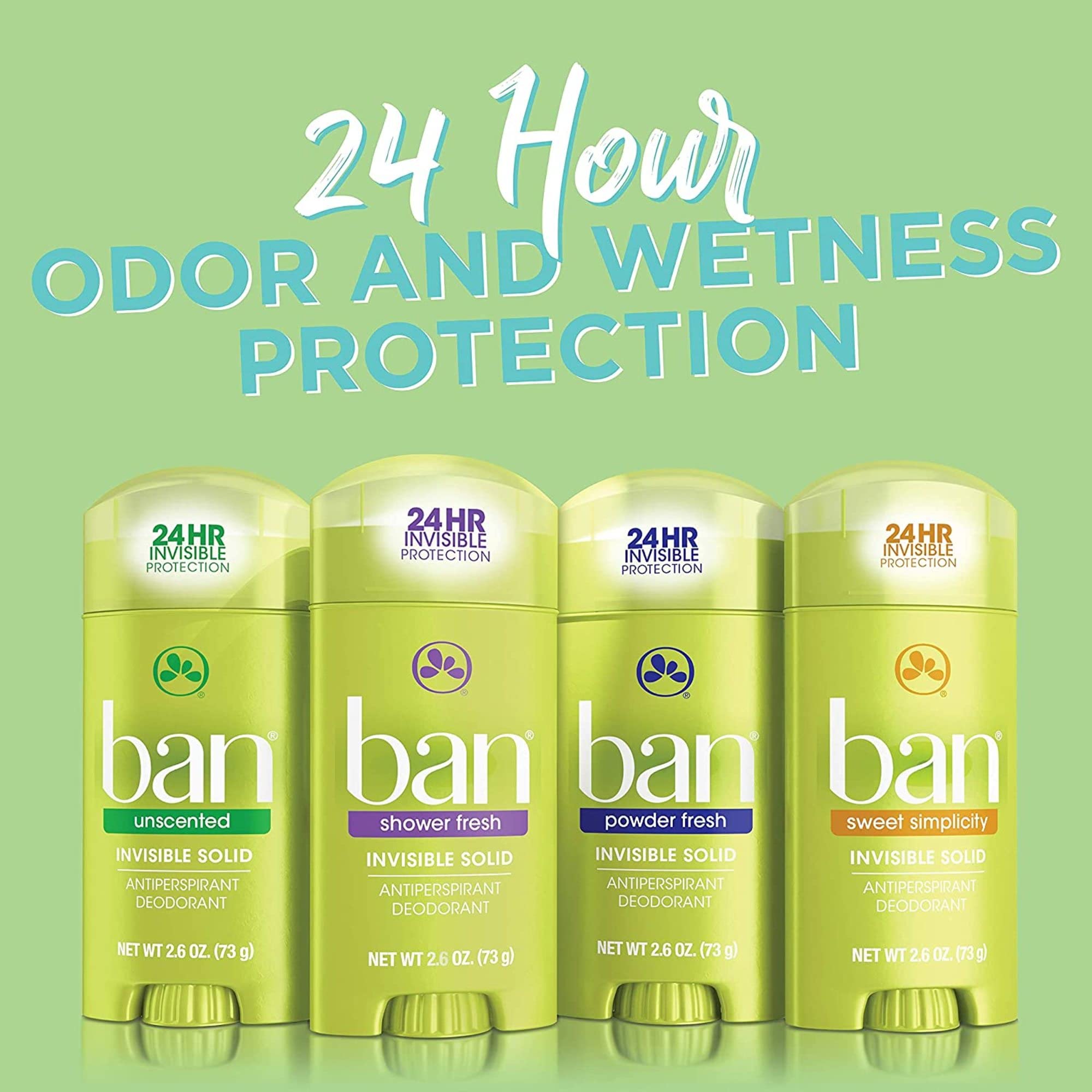 Ban Invisible Solid Antiperspirant Deodorant for Women and Men, 24-Hour Underarm Odor & Sweat Protection, Shower Fresh, 2.6 Oz, Pack of 4