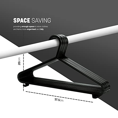 KEPLIN Adult Plastic Clothes Hangers β Black Hanger (50pk), Strong Coat Hangers for Closet with Suit Pants Trouser Bar and Clips, Space Saving, 14.8β Wide
