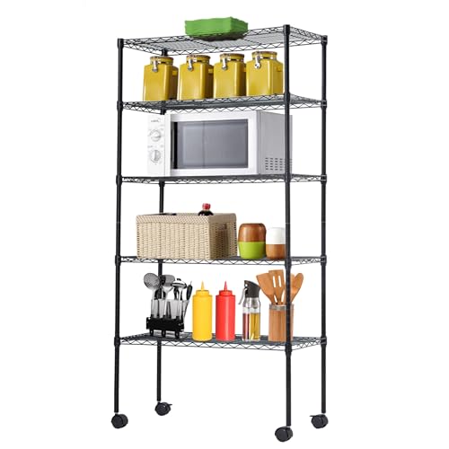24/7 Shop at Home Rex Industrial 5 Tier Wire Shelving Rack with Wheels, Adjustable Shelves and NSF Certified, Metal Storage Shelves for Kitchen, Office, Garage, Basement, Laundry Room, Black