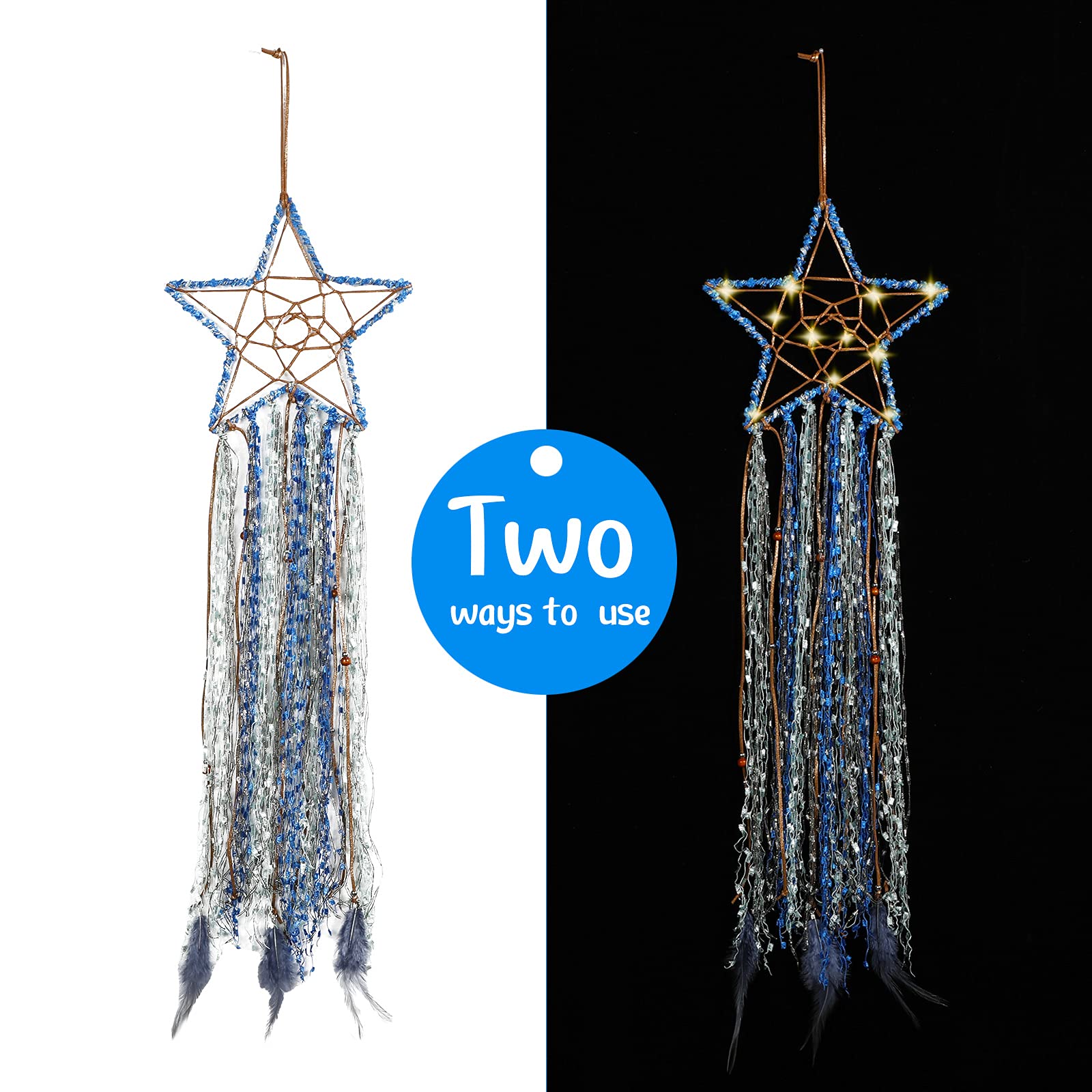 3 Pieces Dream Catcher Moon Sun Star Blue Design Handmade Modern Dreamcatcher with 3 LED String Lights for Bedroom Hanging Wall Home Decoration Ornament Festival Present