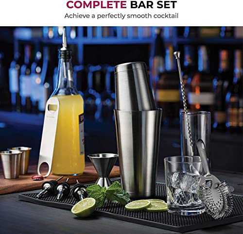 FineDine 14-Piece Cocktail Shaker Set Bartender Kit - Boston Shaker w/Strainer, Bar Jigger, Bar Spoon & More - Full Stainless Steel Cocktail Set w/Bar Tools - Drink Mixer Bar Set - Bar Accessories