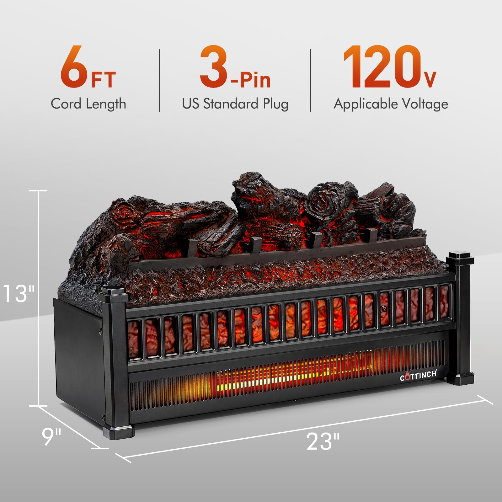 23 inch Electric Fireplace Heater Portable for Indoor, Living Room, Large Room, Logs with Lights, 3D Flame Effects, Adjustable Brightness, Timer, Remote Control,1400W