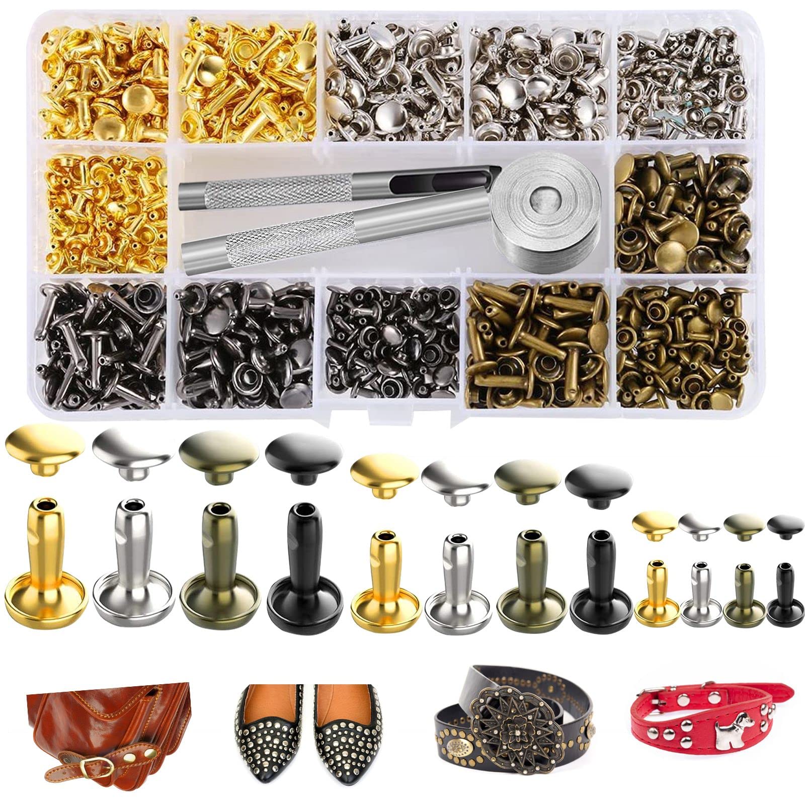 240 Sets Leather Rivets, Double Cap Rivet Tubular - 4 Colors 3 Size Metal Studs Brass Rivets with Setting Tool Kit for Leather Craft/Shoes/Bags/Clothes/Belts Repair Decoration