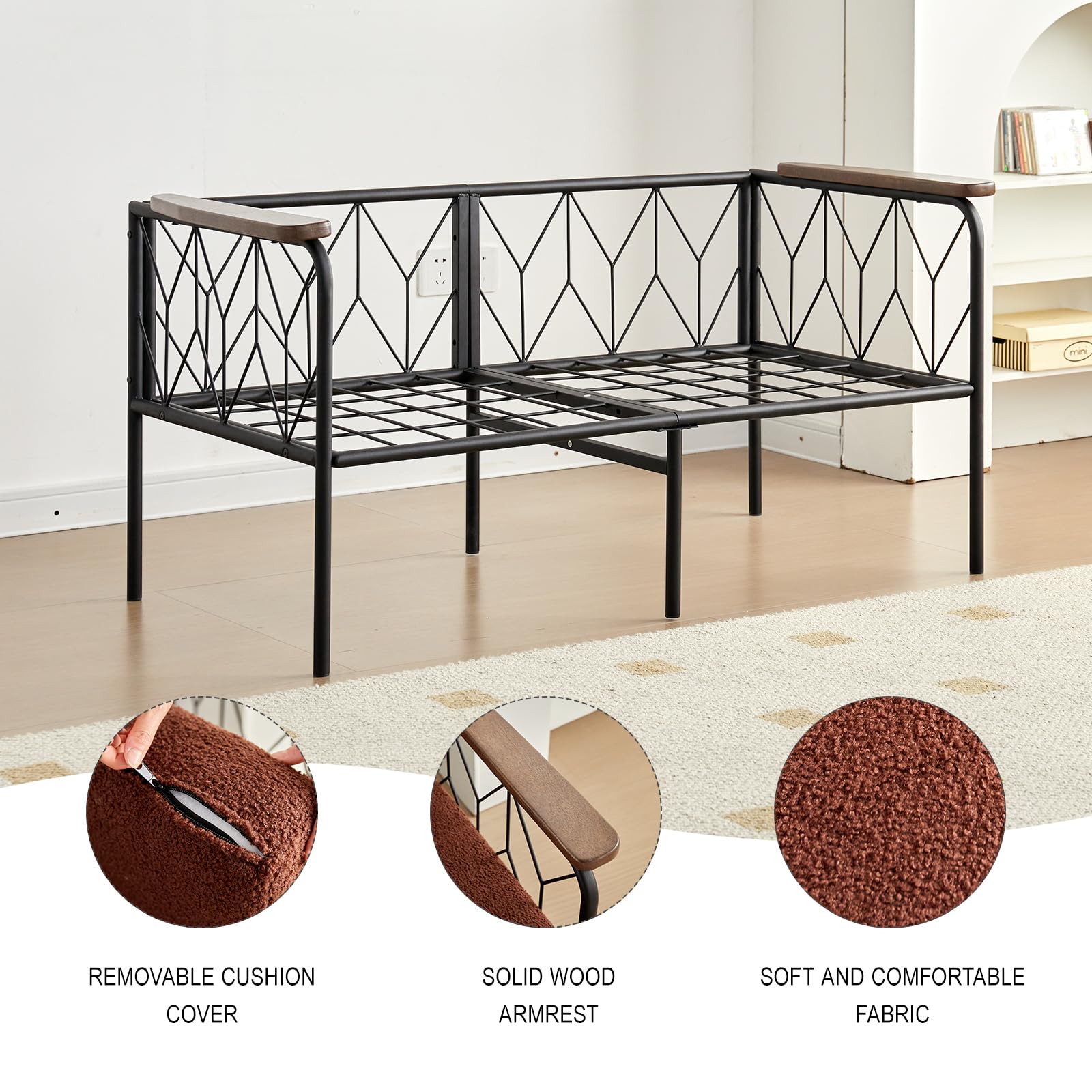 47β W Futon Sofa Couch Modern Loveseat Sleeper Sofa Bed with Sturdy Metal Frame Teddy Velvet Upholstered Convertible Couch Bed for Living Room Bedroom Apartment Office, Brown