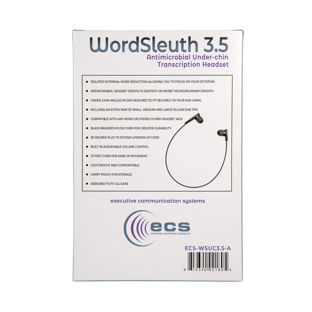 ECS Wordsleuth Under Chin in-Ear Audio Transcription Headphones, 10 Foot 3.5mm Jack, Noise Cancelling, Silicone Ear Phones with in-line Volume Control