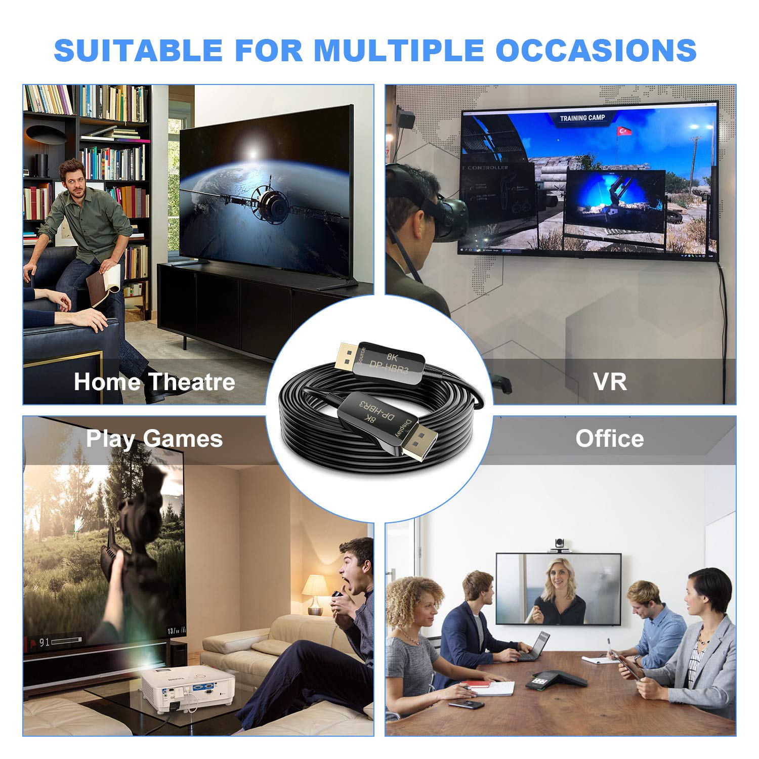 CABLEDECONN Fiber 8K 4K DisplayPort Cable DP 1.4 HBR3 8K@60Hz 4K@144Hz High Speed 32.4Gbps Optical Fiber Slim and Flexible DP to DP Cable 15m 50ft