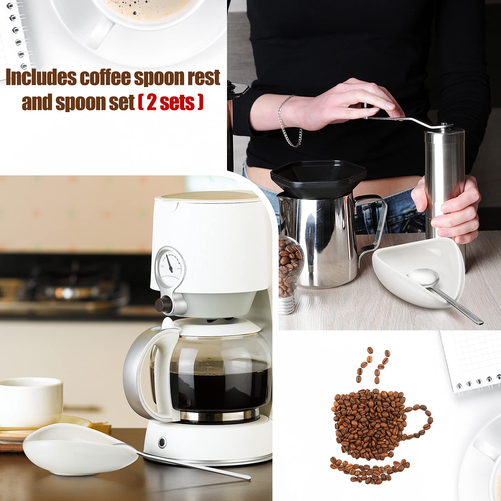 4 Pieces Coffee Spoon Rest and Spoon Small Teaspoon Holder Ceramic Coffee Spoon Rest for Coffee Bar Coffee Stirrers Holder for Coffee Station Kitchen Accessories nice Present for Coffee Lovers
