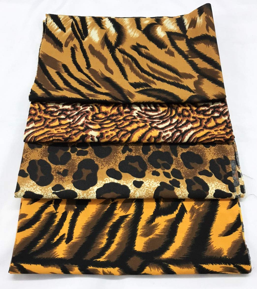 AMORNPHAN Set of 4 Tiger Leopard Animal Pattern Printed Cotton Quilting Fabric Bundle for Patchwork Needlework DIY Handmade Sewing Crafting Scrapbooking Precut 18 x 22 Inches (Set of 4 Pieces)