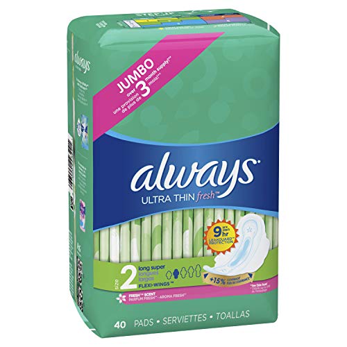 Always Ultra Thin Pads Size 2 Super Long Absorbency Scented with Wings, 40 Count, Packaging may vary
