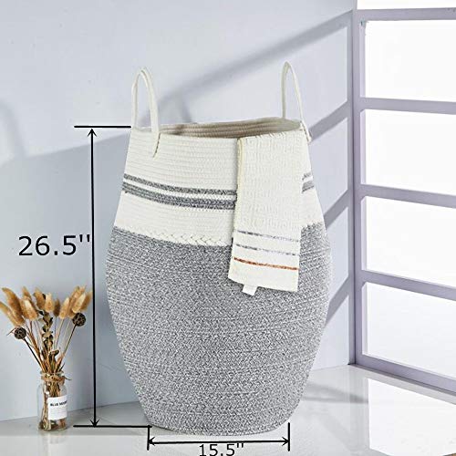 Laundry Basket Woven Cotton Rope Large Clothes Hamper 16" D x 25" H, Tall Basket with Extended Cotton Handles for Storage Clothes Toys in Bedroom, Bathroom, Foldable White and Gray by Gecious