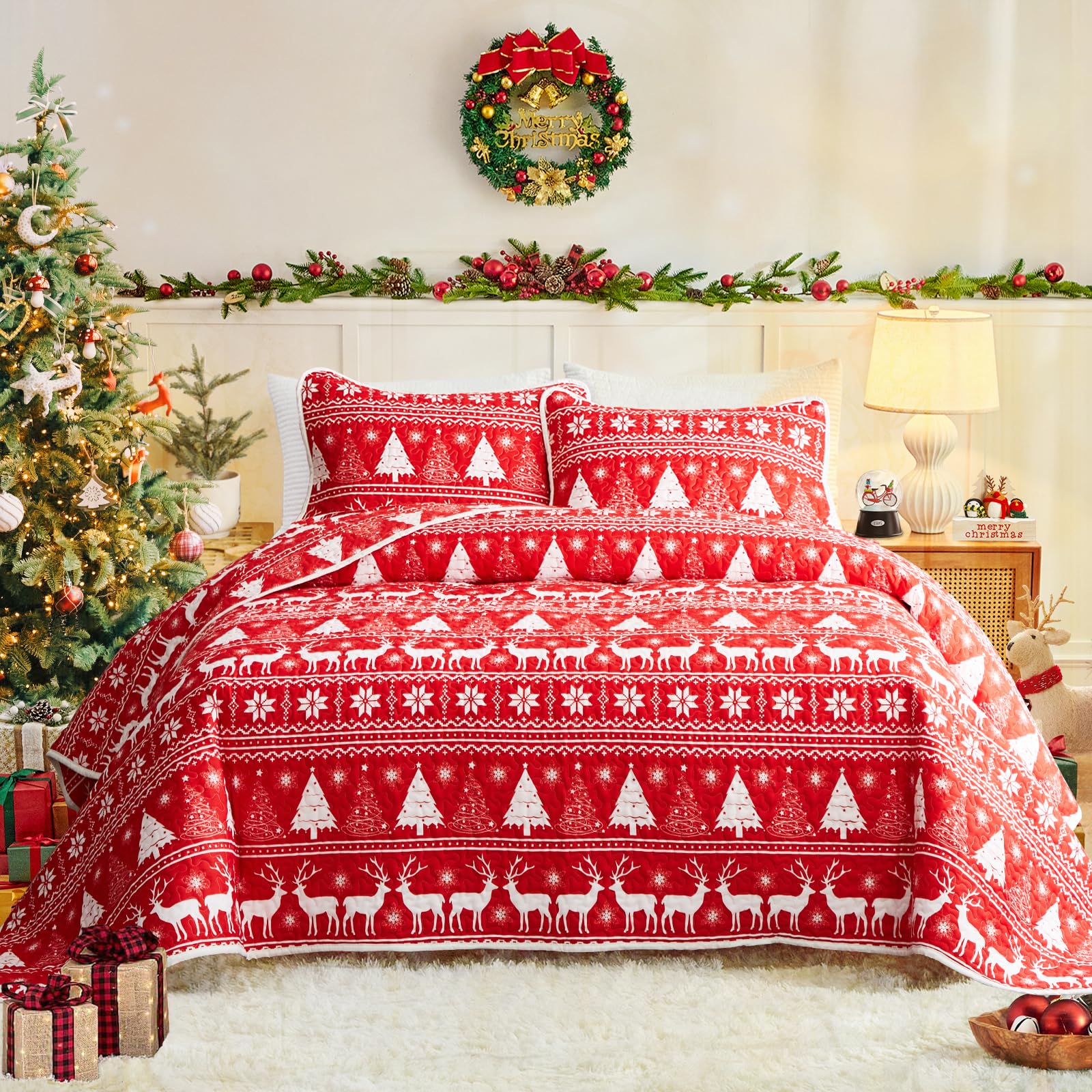 3 Pieces Quilt Set Christmas Red and White Deer with Snowflake King Size Full Queen 88"x88" Soft Microfiber Lightweight New Year Holiday Style Reversible