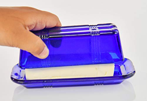 Home-X Glass Butter Dish with Lid - Vintage Style Butter Keeper for Countertop, Retro Butter Container with Cover, Dishwasher Safe Butter Holder, 6 3/4" L x 3 1/4" W x 2 1/2" H, Blue