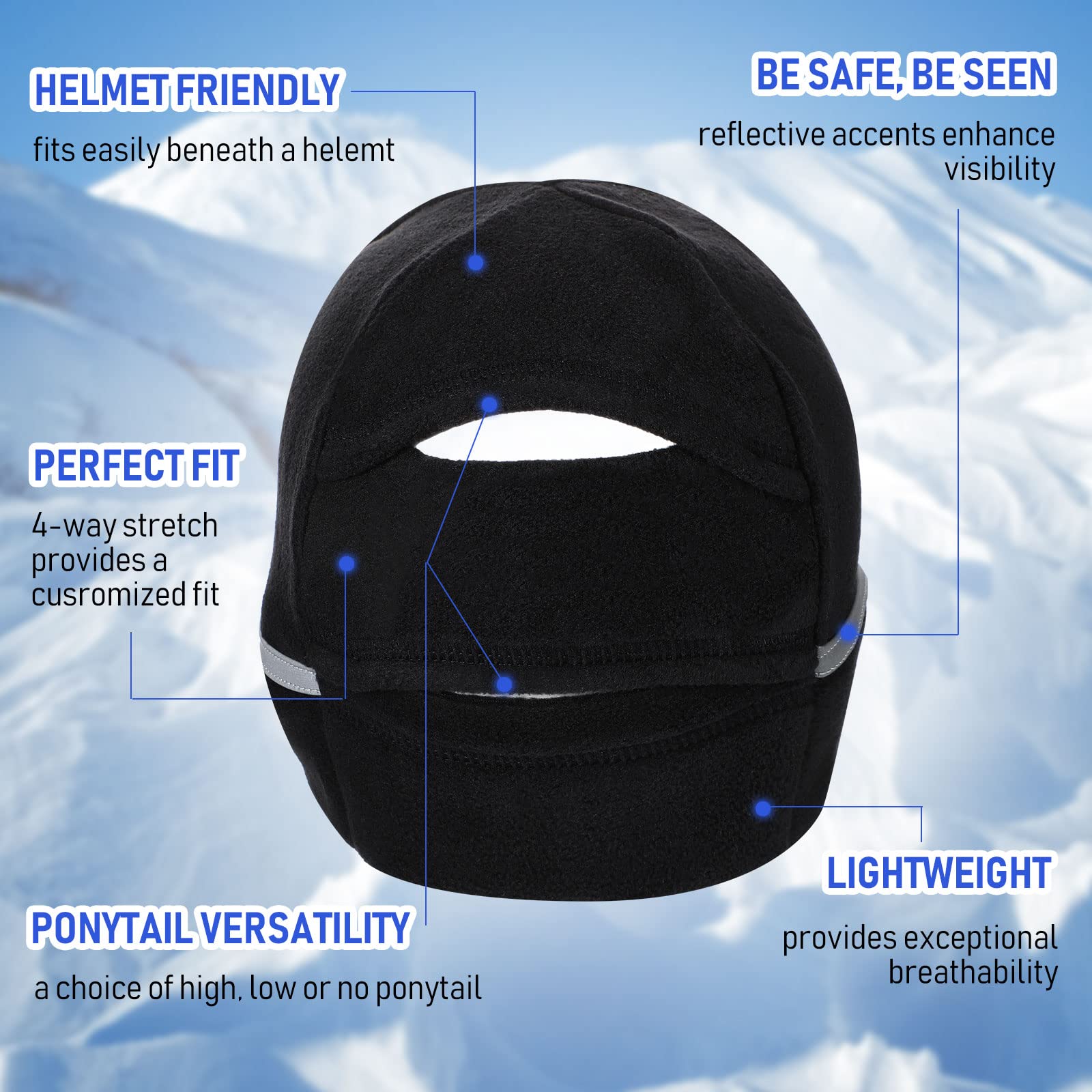 3 Pieces Reflective Fleece Running Ponytail Hat Women Safety Beanie with Ear Covers Cold Weather Skull Cap (Black, Dark Grey, Navy Blue)