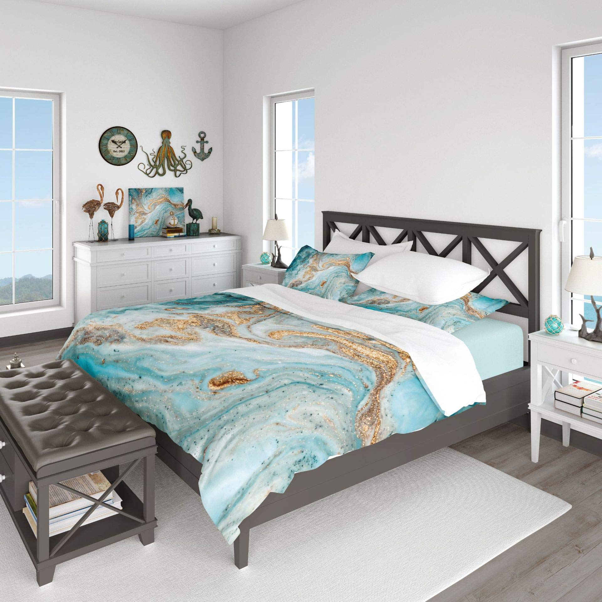 Abojoy Blue and Gold Duvet Cover Set Chic Boho Marble Surf Waves Ocean Current Printed Simple Style Ultra Soft and Easy Care Quilt Comforter Cover Set, Queen
