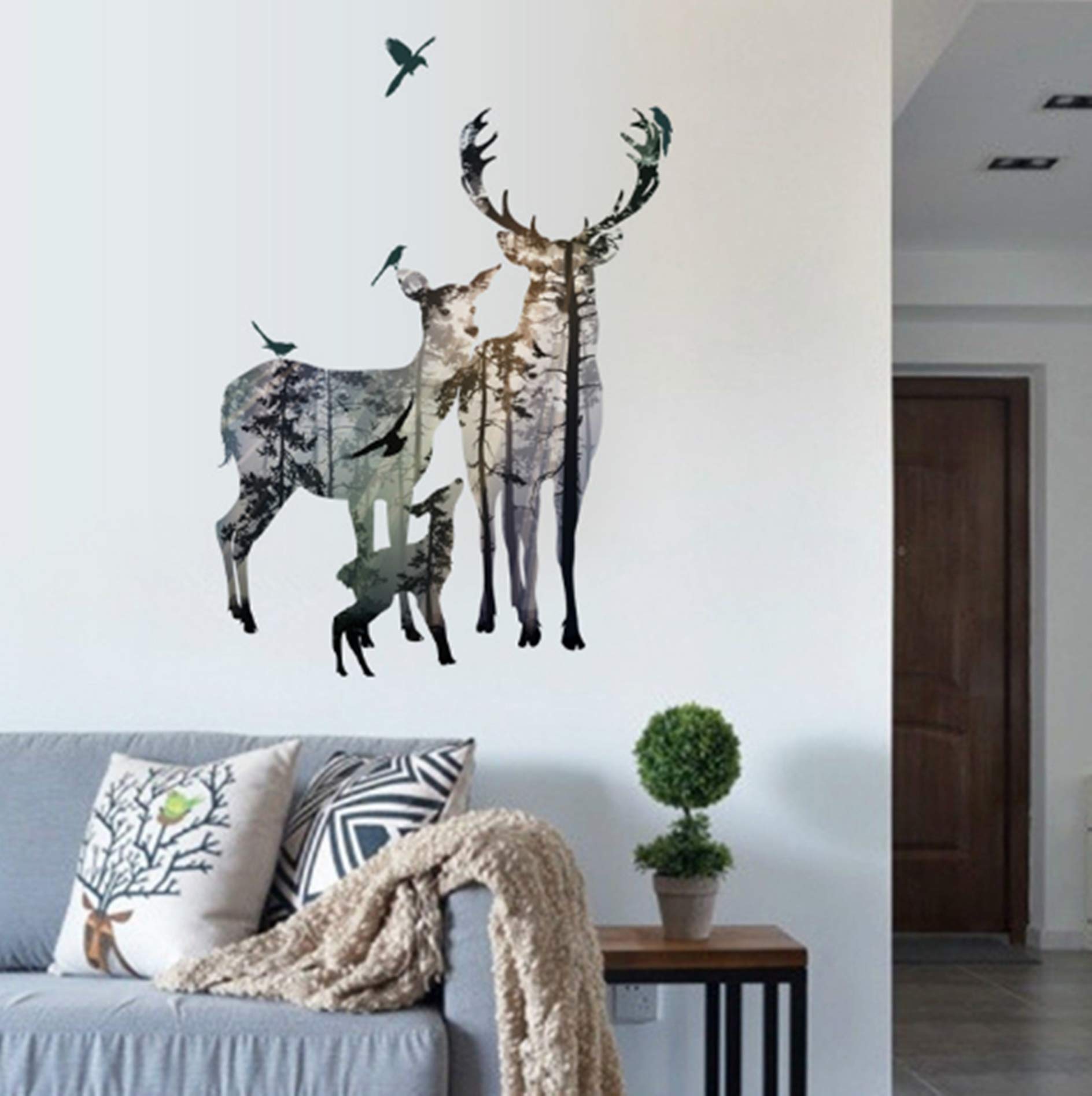 CHengQiSM Colorful Forest Deer and Bird Wall Decals Elk Wall Stickers Sika Deer for Bedroom Living Room Baby Room Stickers