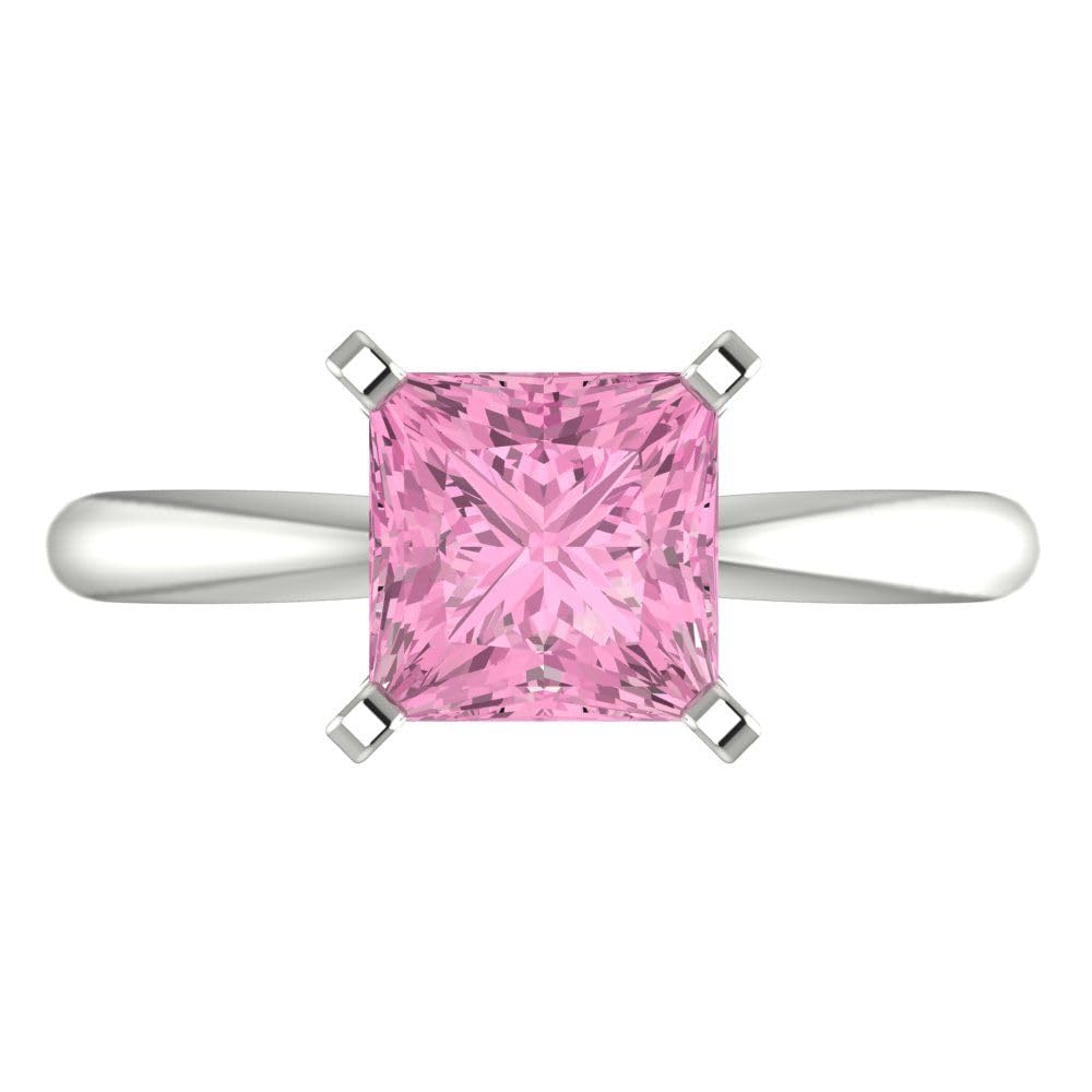 2.1 ct Princess Cut Solitaire Pink Simulated Diamond Classic Wedding Statement Bridal ring 18K White Gold for Women Size 5