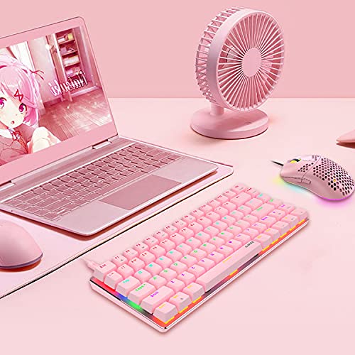 Pink Gaming Keyboard and Mouse,3 in 1 Rainbow LED Backlit Wired Mechanical Keyboard Blue Switch,RGB 6400 DPI Lightweight Gaming Mouse with Honeycomb Shell Gaming Mouse Pad for PC Gamers(Pink)