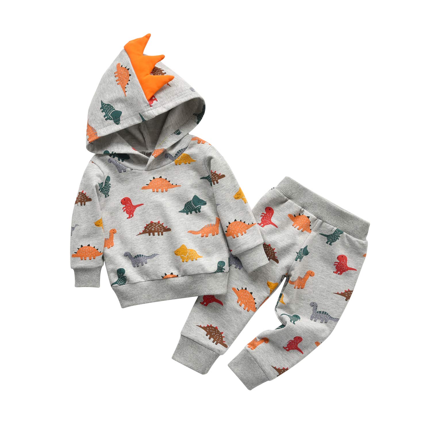 Toddler Infant Baby Boy Clothes Colored Dinosaurs Long Sleeve Hoodie Tops Sweatsuit Pants Outfit Set (12-18 Months)