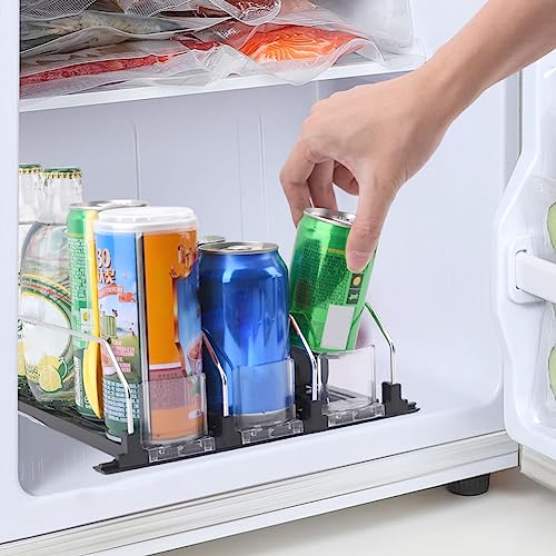 3 Set Drink Organizer for Fridge, Self-Pushing Beer Can Dispenser Holds Up to 12 Cans/Set, Width Ajustable Beverage Dispenser for Fridge Glide(Black)