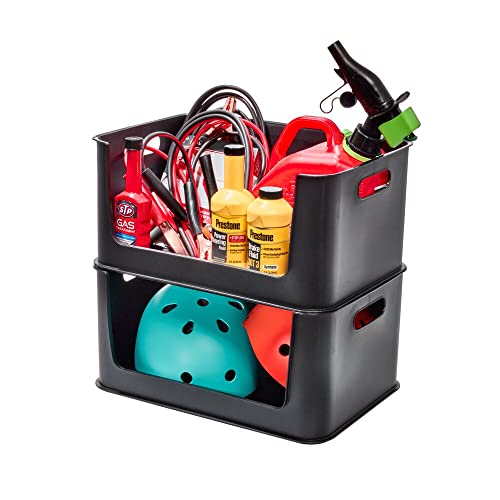 iDesign Recycled Plastic Large Open Front Handles, Set of 2 – Stackable Bins for Garage Organization and Storage, 11.9” x 16.9” x 8”, Matte Black