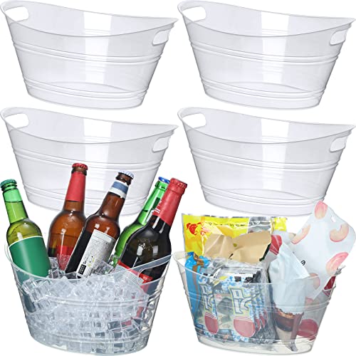 6 Pcs Oval Storage Tub, 4.5 Liter Plastic Clear Ice Bucket Beverage Tub Champagne Bucket with Handles for Wine Beer Beverage Parties, Holds 6 Beer Bottle or 3-4 Champagne, 12.25 x 9.5 x 6.75 Inch