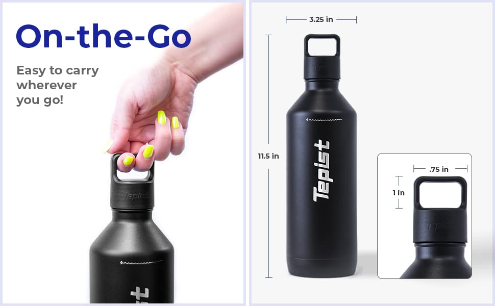 Tepist ThirtyO 30oz Stainless Steel Bottle Compatible with Sodastream Machines – Powder Coated Black - Vacuum Sealed - Double Walled - Leak-Proof - Easy to Carry - Reusable Bottle