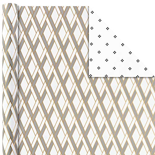 Hallmark Reversible Wrapping Paper Bundle with Ribbon & Gift Tag Stickers - Black, Gold Stripes, Plaid (3 Pack, 120 sq. ft. ttl, 30 Yds. Mini Ribbon, 36 Labels) for Graduations, Weddings, Christmas