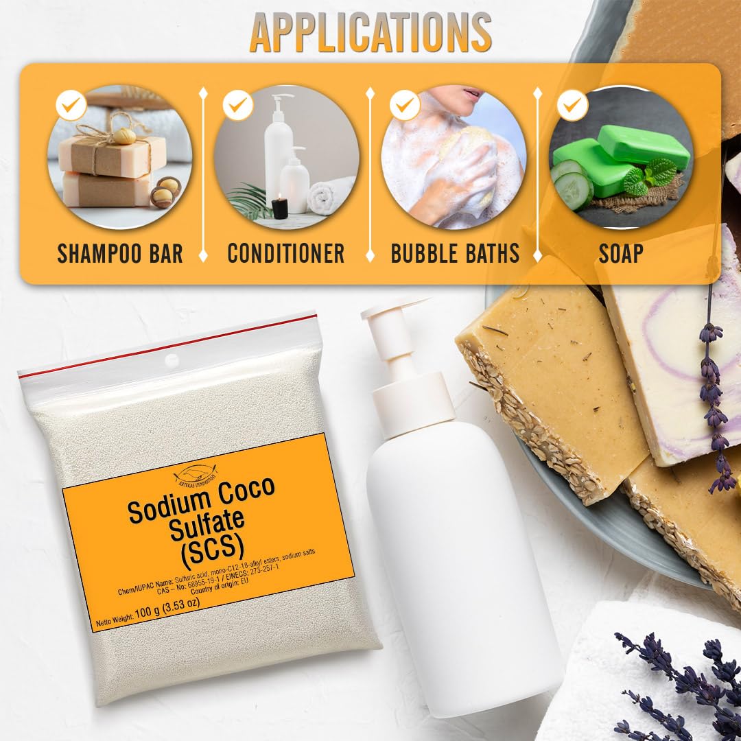 Artekas Innovation - Sodium Coco SULFATE (SCS) - Fine Granules - Anionic, Foaming Surfactant - for Homemade Solid Shampoo Bars, Soap, Foamy, Bubbly Products, Hair, Body - 200 g | 7.06 Oz