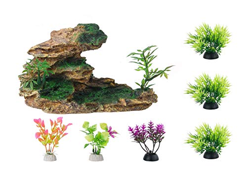 FEDOUR Aquarium Small Mountain View Stone Ornament, Moss Tree Rock Cave Landscape Artificial Fish Tank Decoration, with 6pcs Plants (Ash Browns)