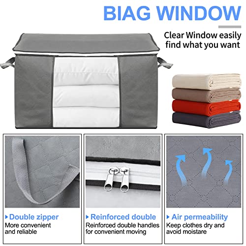 90L Extra Large storage bag ,6 Pack Clothes Storage Bins with lids,durable handle, transparent window, Sturdy Zippers , for closet organizers and storage, Blanket, Comforters, Bed Sheets, Pillows and Toys(gray)